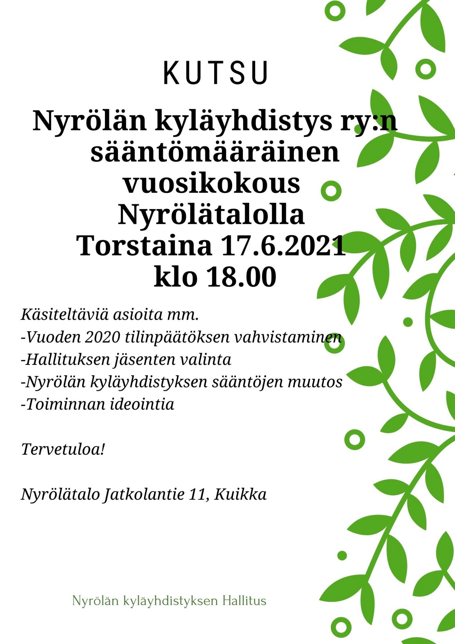 Kyläkokous kutsu 2021 – Nyrölä
